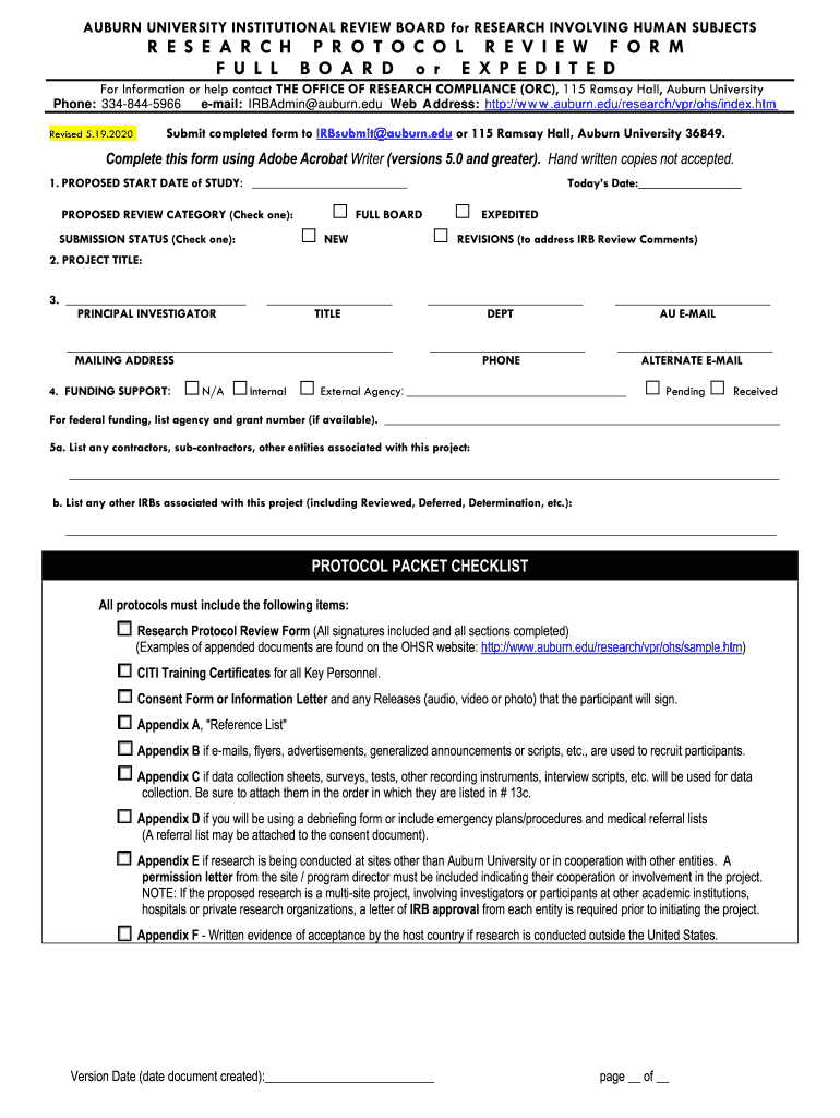 Fillable Online IRB PROTOCOL REVIEW FORM Fax Email Print - pdfFiller