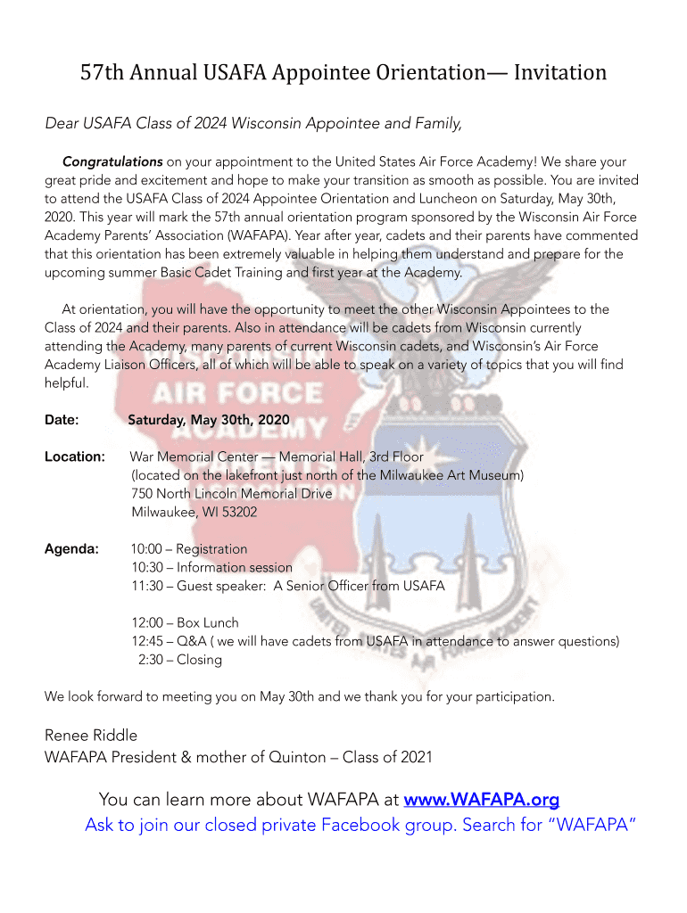 Fillable Online Dear USAFA Class of 2024 Wisconsin Appointee and Family, Fax Email Print - pdfFiller