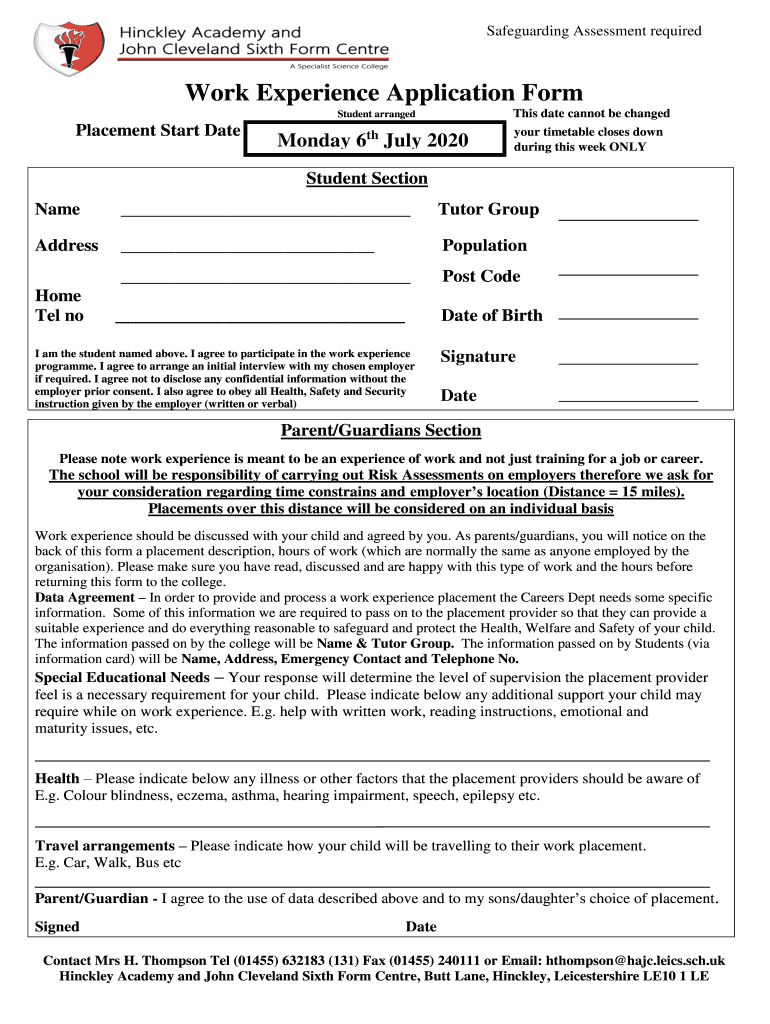 Fillable Online Work Experience Application Form - Hinckley Academy and ...