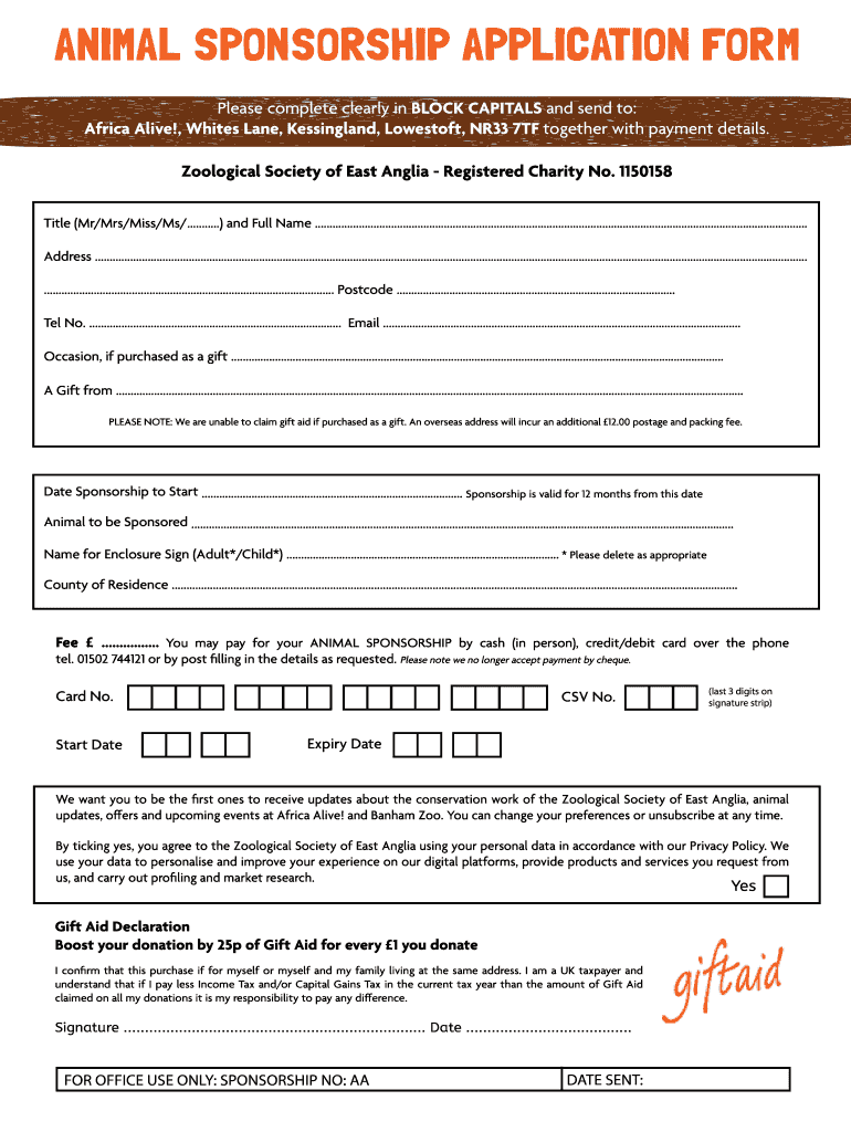 Fillable Online animal sponsorship application form - Africa Alive! Fax ...