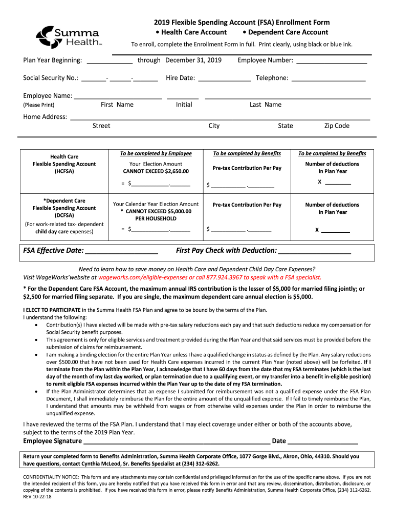 Fillable Online 2019 Flexible Spending Account (FSA) Enrollment Form ...