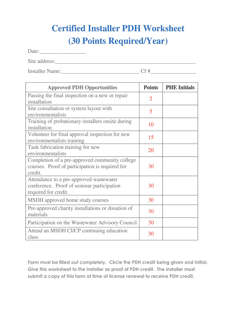 Fillable Online Certified Installer PDH Worksheet (30 Points Required/Year) Fax Email Print ...