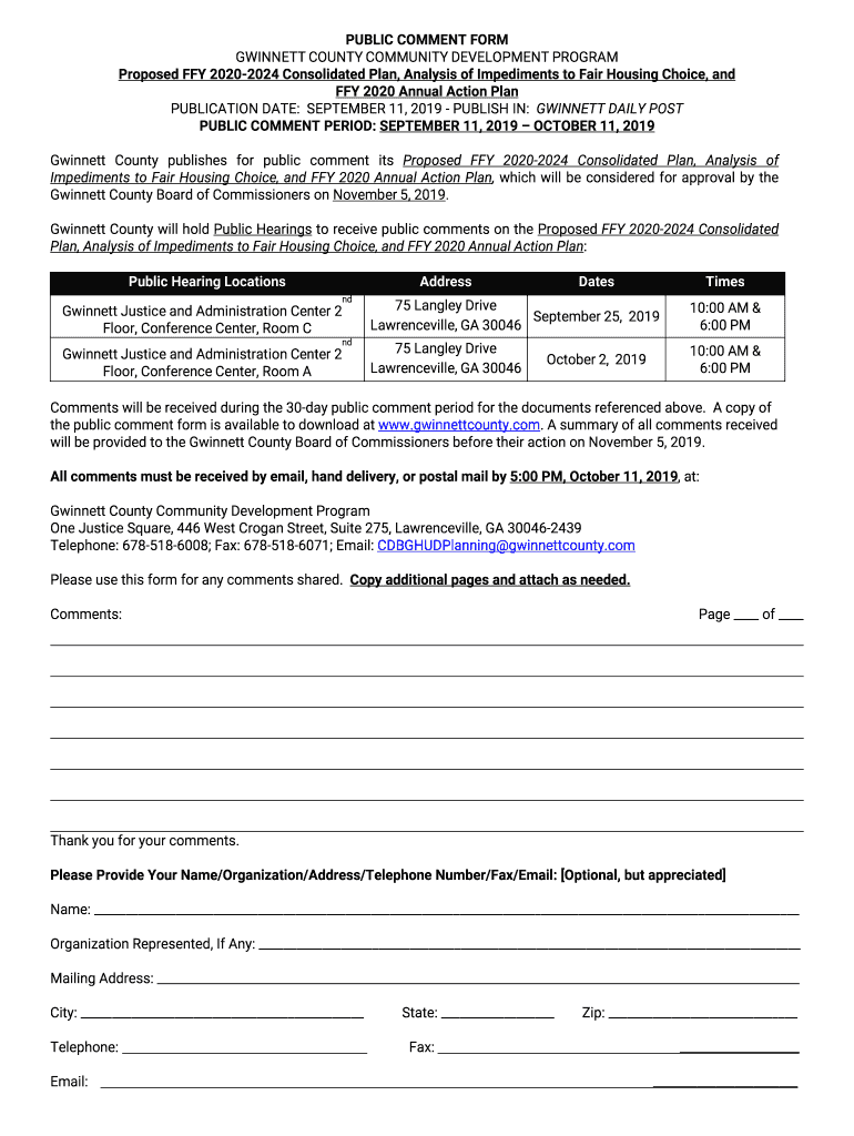 Fillable Online FINAL Public Comment Form - FFY 2020-2024 Con-PlanAI ...