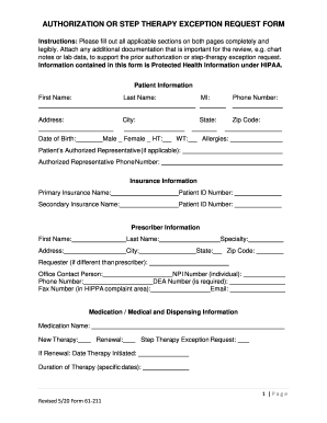 Fillable Online AUTHORIZATION OR STEP THERAPY EXCEPTION REQUEST FORM ...