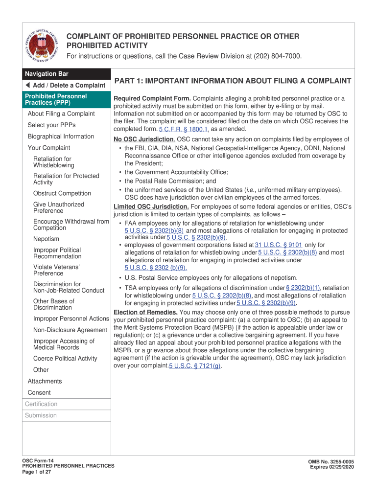 Fillable Online COMPLAINT OF PROHIBITED PERSONNEL PRACTICE OR OTHER Fax ...