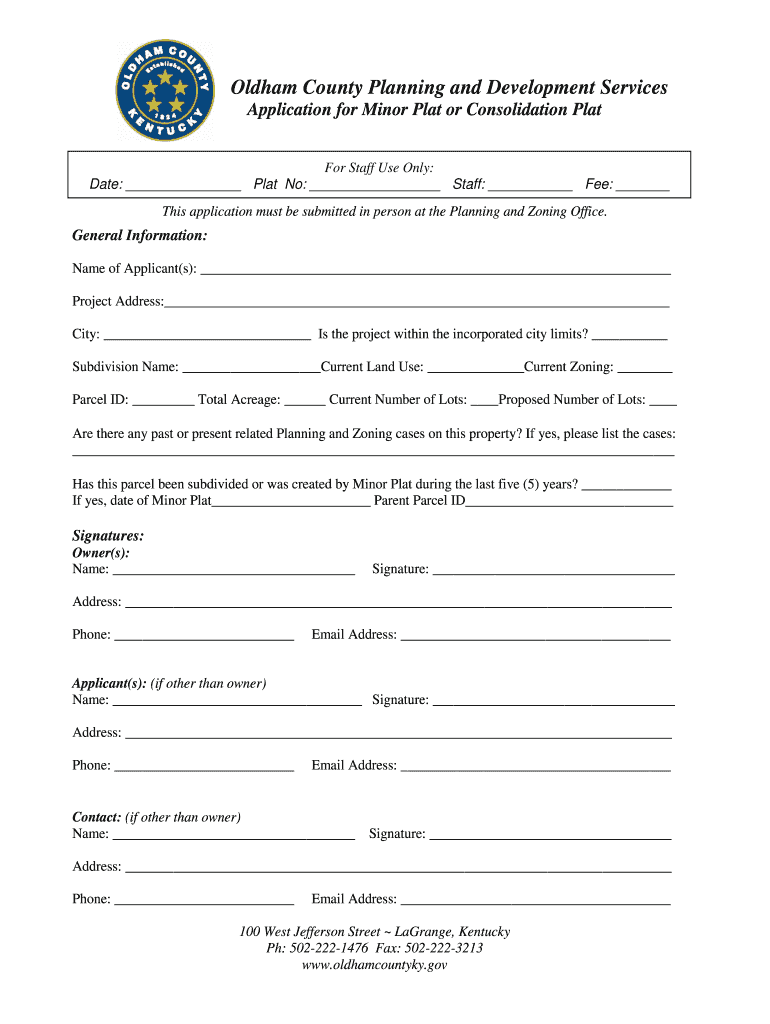 Fillable Online Application for Minor Plat or Consolidation Plat Fax ...