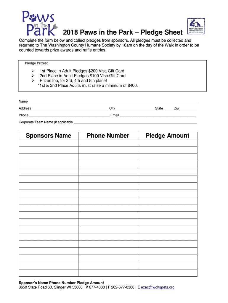 Fillable Online 2018 Paws in the Park Pledge Sheet - wchspets.org Fax ...