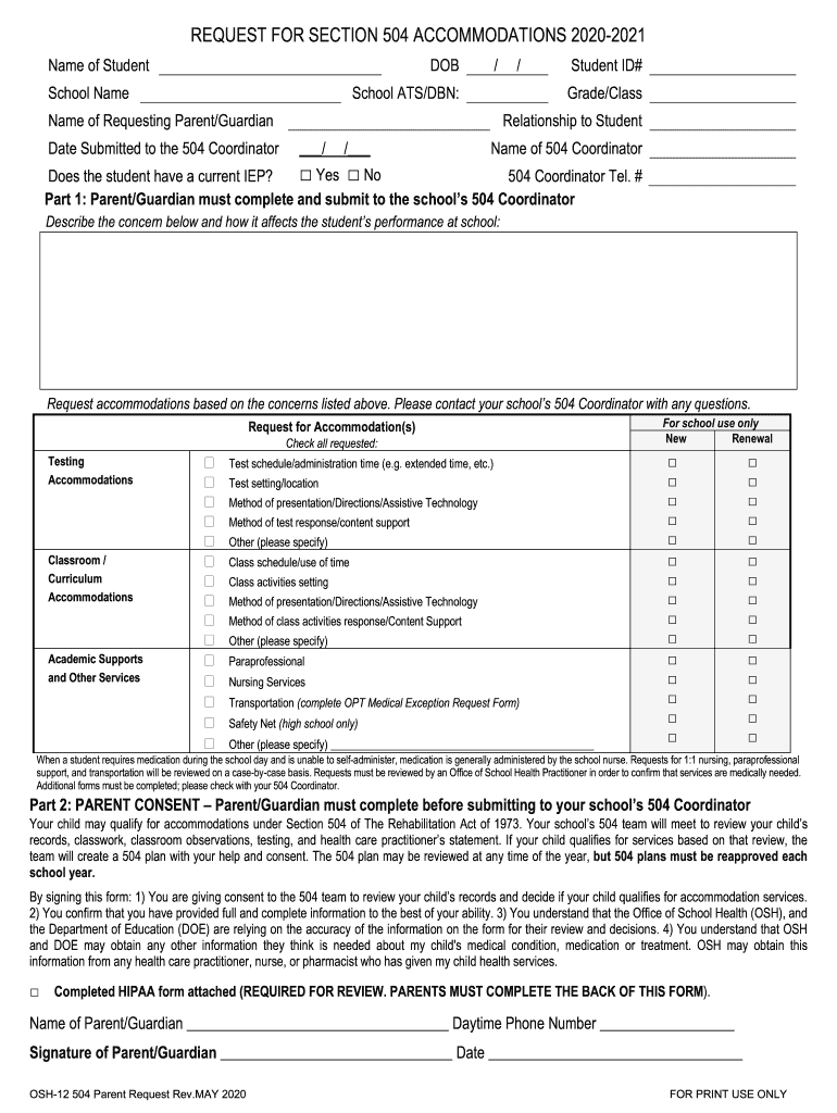 Fillable Online Request for Section 504 Accommodations 2020-2021 Fax ...