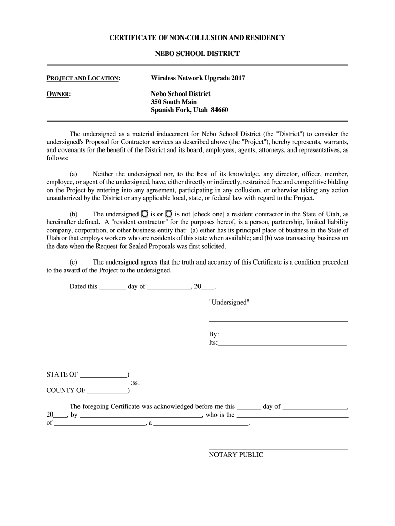 Fillable Online CERTIFICATE OF NON-COLLUSION AND RESIDENCY Fax Email ...