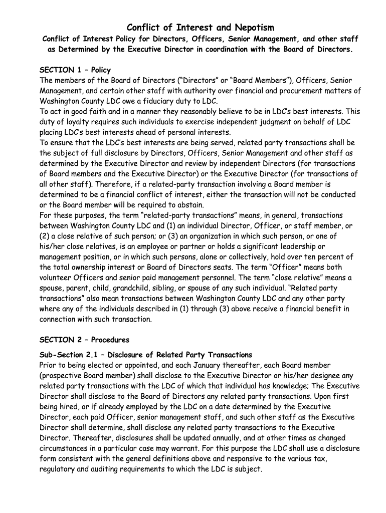 Fillable Online Conflict of Interest and Nepotism Policy-disclosure ...