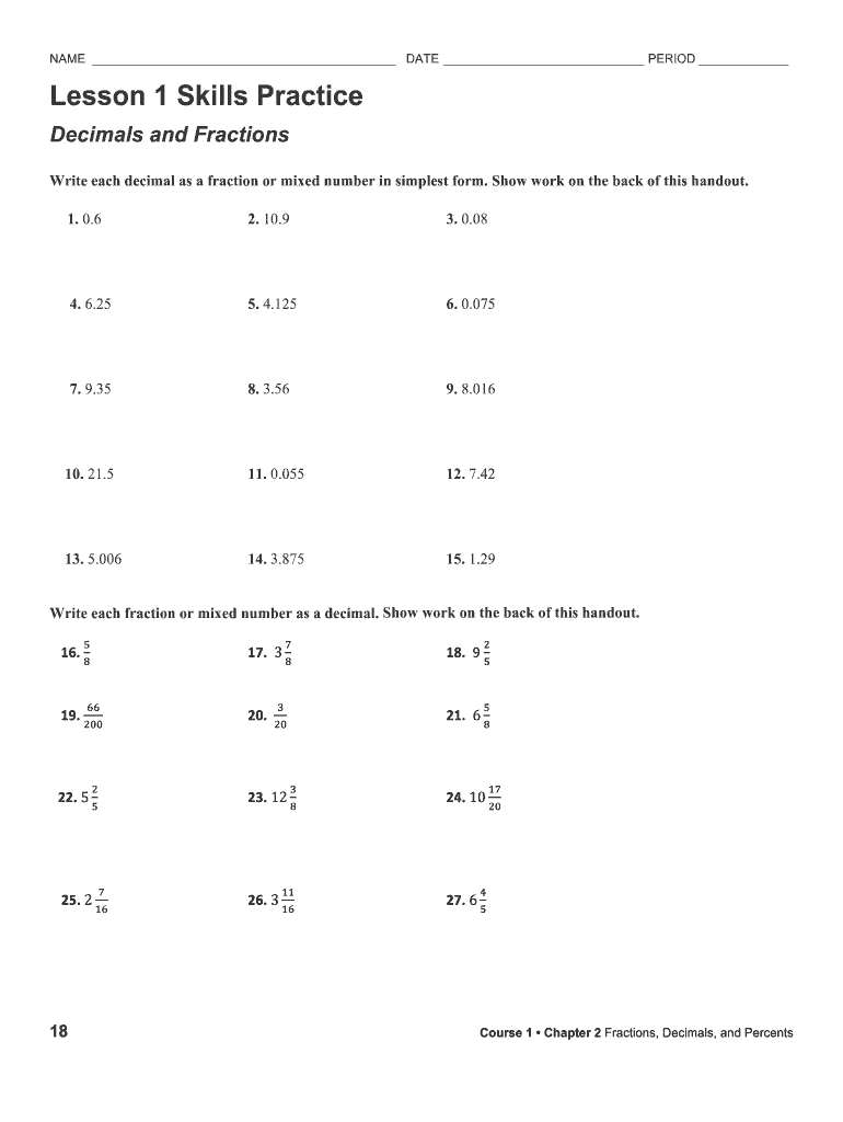 Lesson 1 Skills Practice Decimals And Fractions Answer Key Fill Lesson 1 Skills Practice Decimals And Fractions Answer Key Fill
