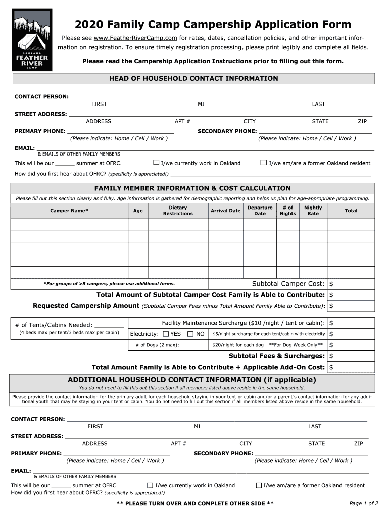 Fillable Online 2020 Family Camp Campership Application Form Fax Email ...