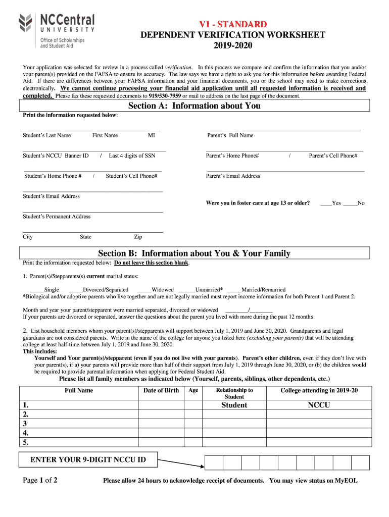 Fillable Online 20192020 V1 Standard Verification Worksheet Dependent ...