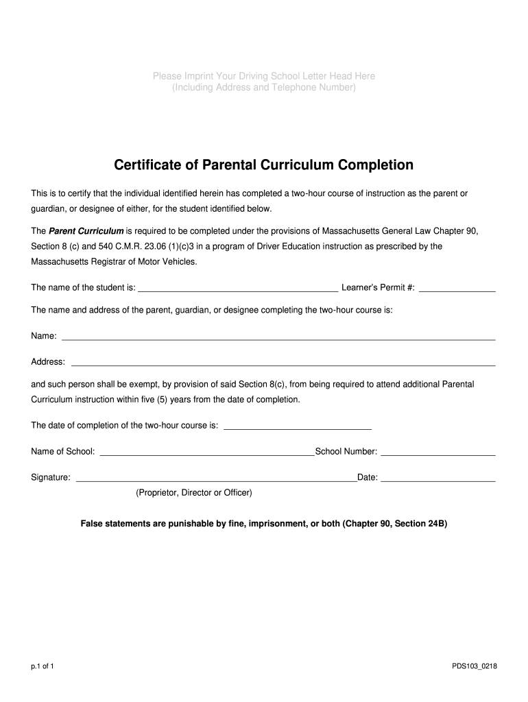 Fillable Online Certificate of Parental Curriculum Completion Fax Email ...