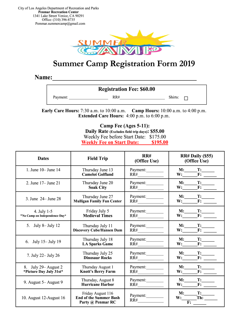Fillable Online Summer Camp Registration Form. Registration Form Fax Email Print - pdfFiller