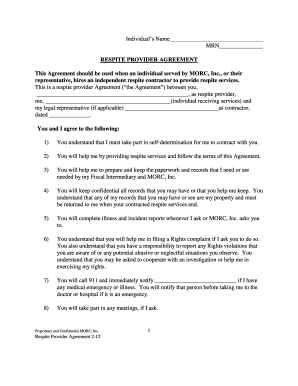 Fillable Online RESPITE PROVIDER AGREEMENT Fax Email Print - pdfFiller