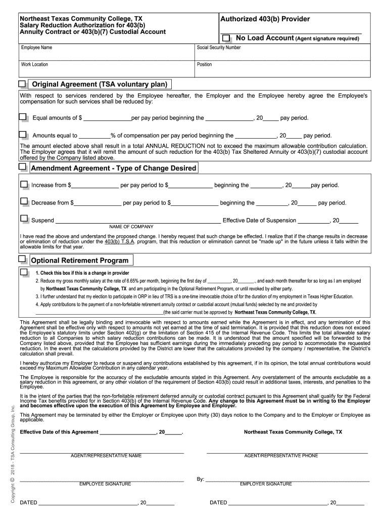 Fillable Online Salary Reduction Agreement (SRA) form for 403(b ...