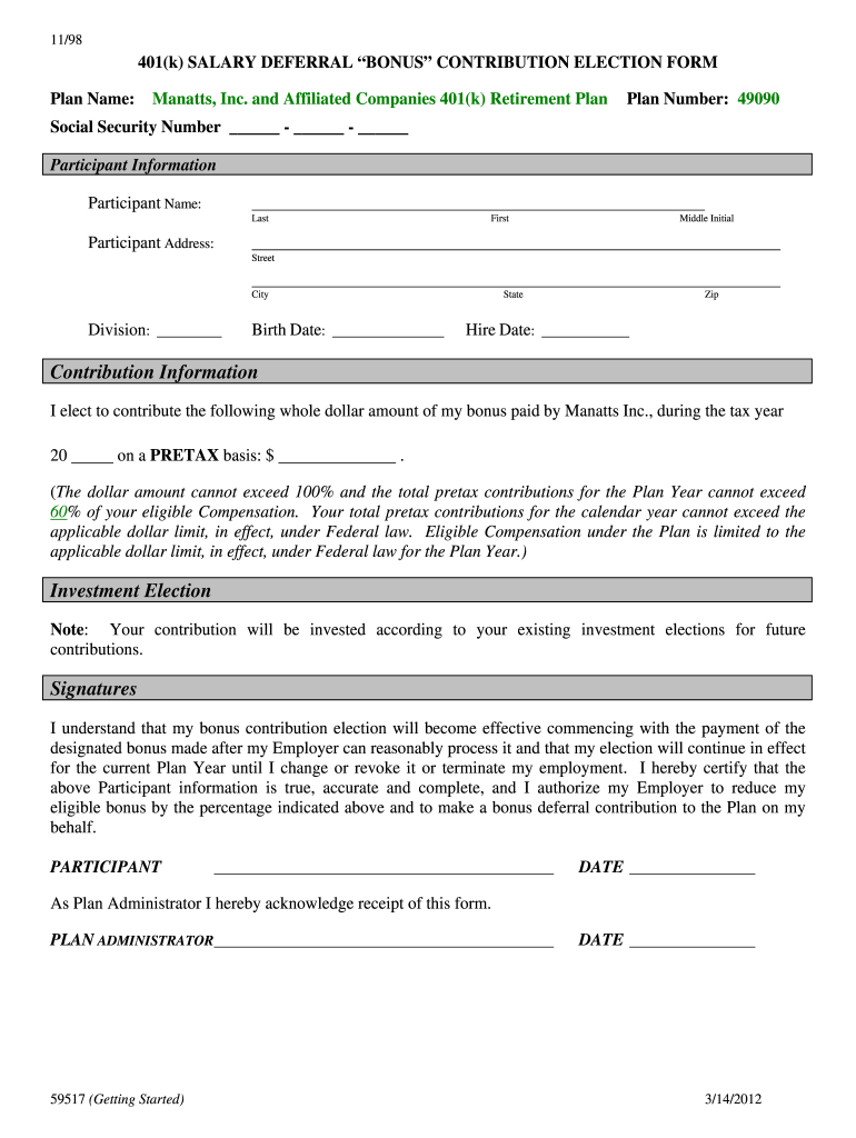 Fillable Online 401K Bonus Contribution Election Form Fax Email Print ...