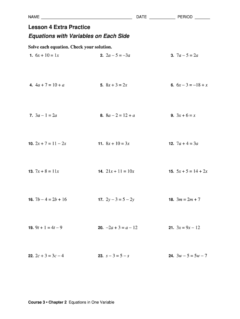 Lesson 4 Extra Practice Equations With Variables On Each Side Answer Key Fill Online