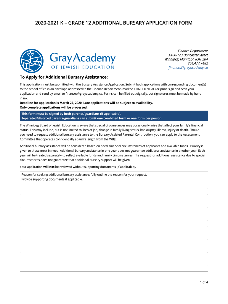 Fillable Online 2020-2021 K GRADE 12 ADDITIONAL BURSARY APPLICATION ...