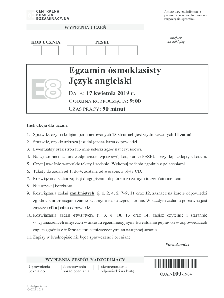 Fillable Online Egzamin smoklasisty J?zyk angielski Fax Email Print - pdfFiller