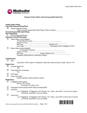 Fillable Online Physician Orders ADULT: General Surgery/SDS Admit Plan ...