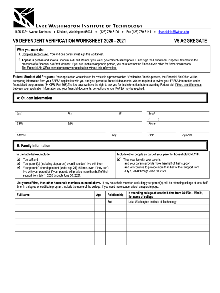 Fillable Online v5 dependent verification worksheet 2020 - 2021 v5 ... - LWTech Fax Email Print ...