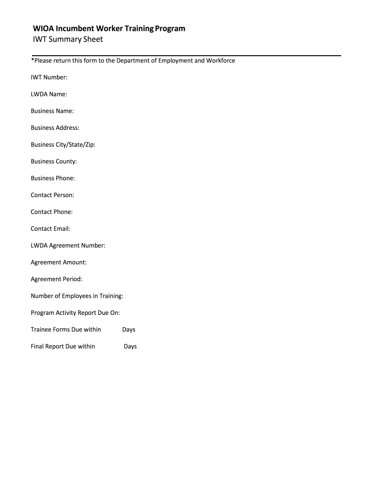Fillable Online WIOA Incumbent Worker Training Program IWT Summary ...