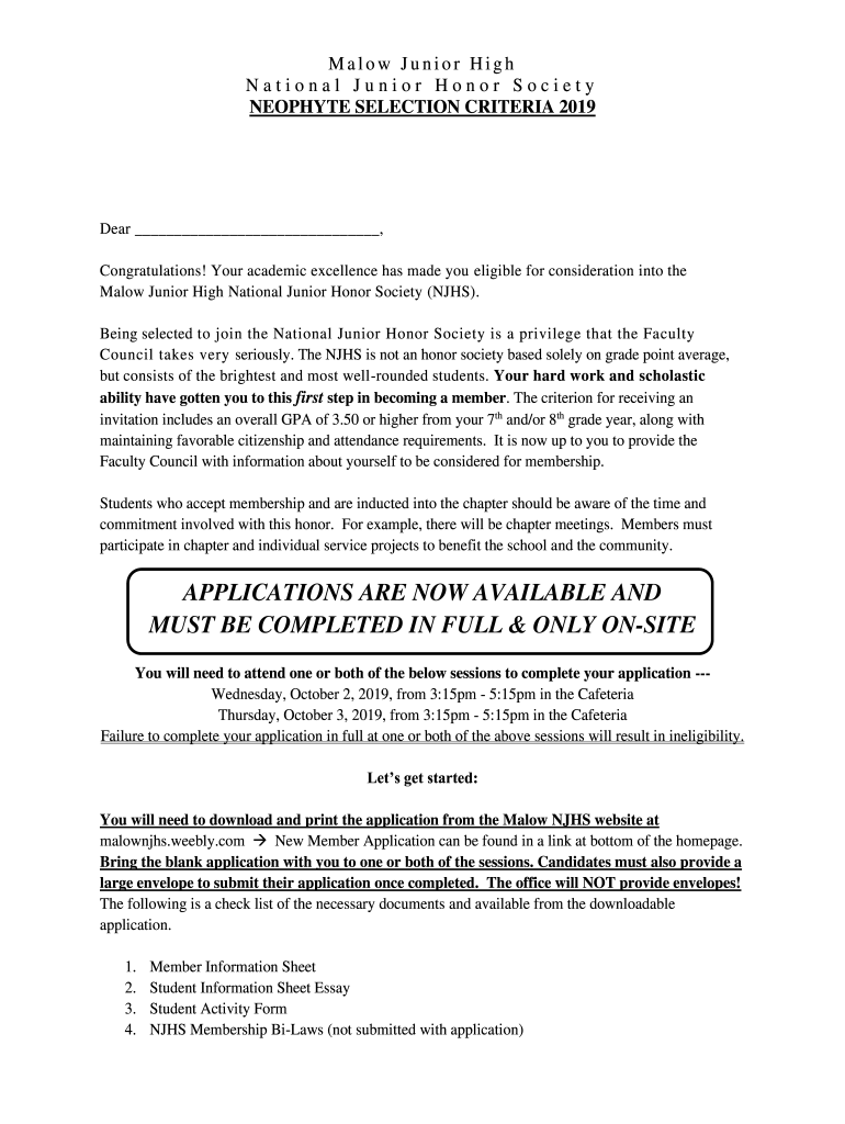 Fillable Online Malow Junior High National Junior Honor Society (NJHS ...