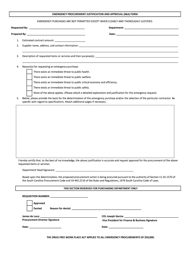Fillable Online EMERGENCY PROCUREMENT JUSTIFICATION AND APPROVAL (J&A ...
