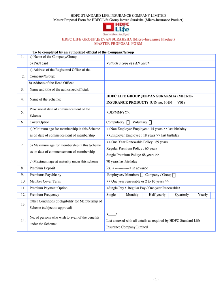 Fillable Online HDFC Life Group Jeevan Suraksha (Micro-Insurance ...