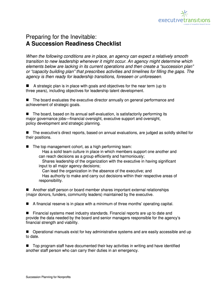 Fillable Online 1 Succession Readiness Checklist Fax Email Print ...