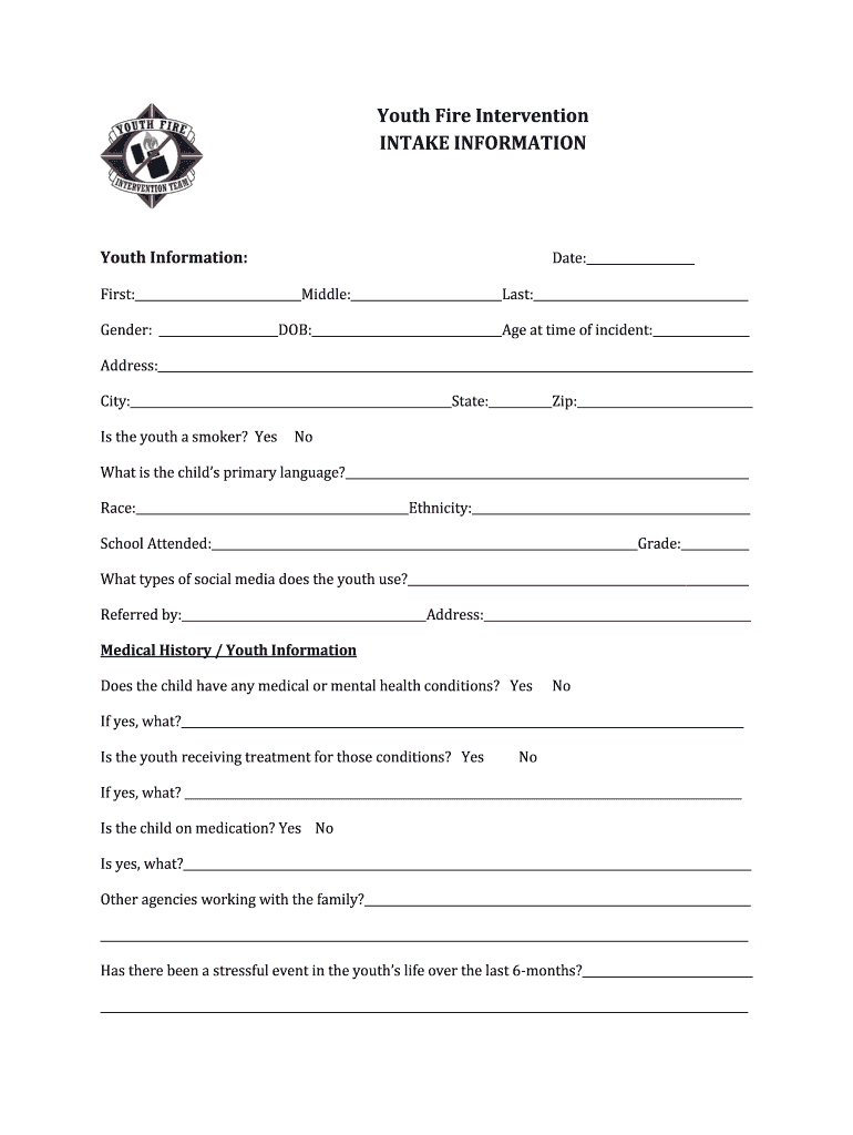 Fillable Online Youth Fire Intervention INTAKE INFORMATION Fax Email ...