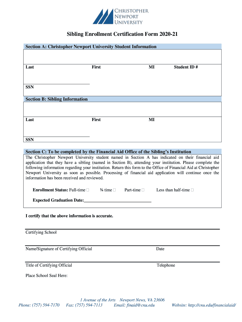 Fillable Online Sibling/Parent Enrollment Certification Form Fax Email ...