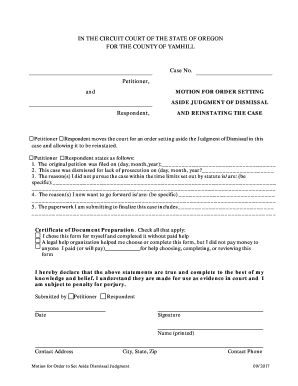 Fillable Online Motion and Order to Set Aside Judgment Forms and ...