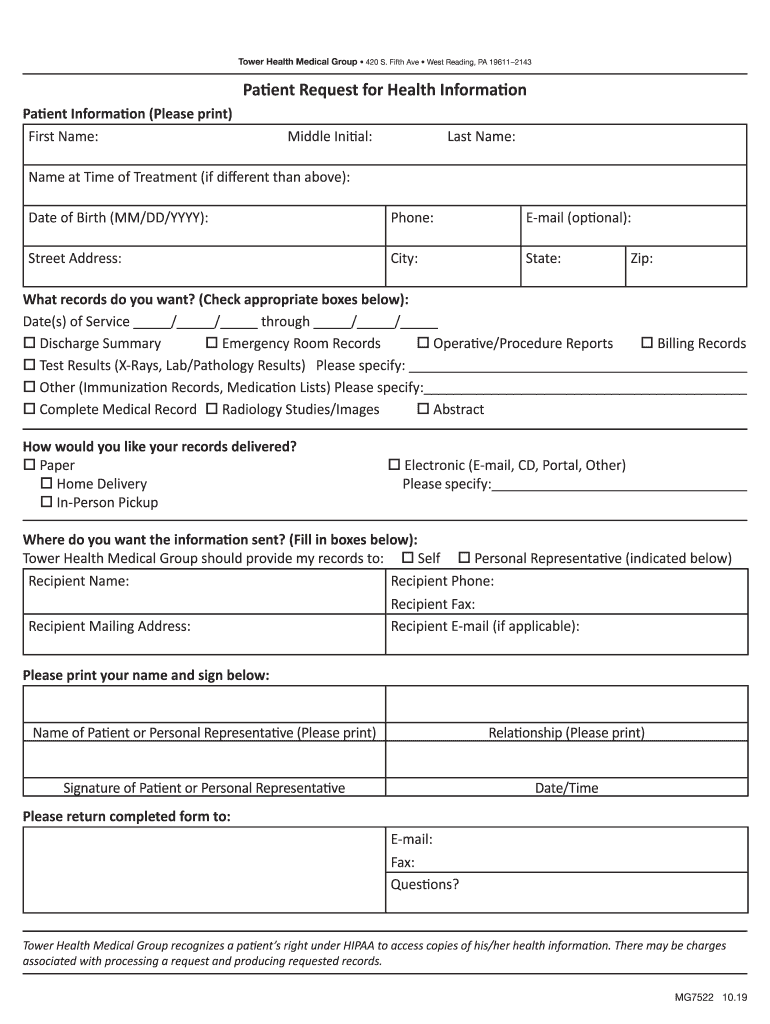 Fillable Online Patient Request for Health Information - Tower Health ...