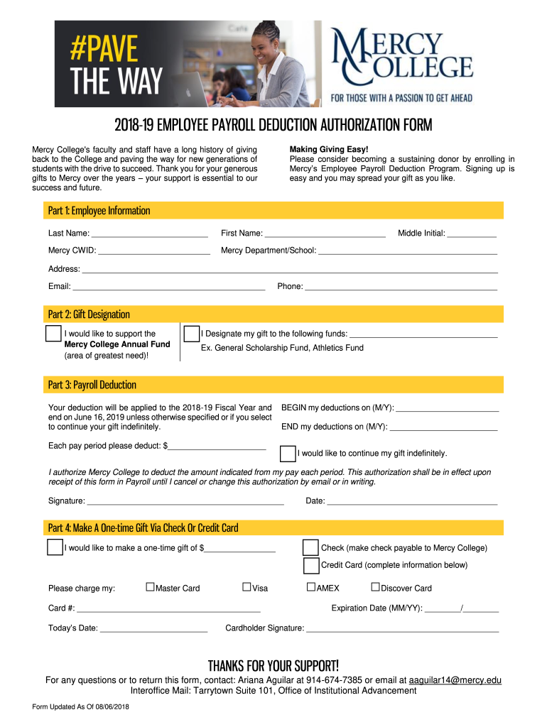 Fillable Online 2018-19 employee payroll deduction authorization form Fax Email Print - pdfFiller