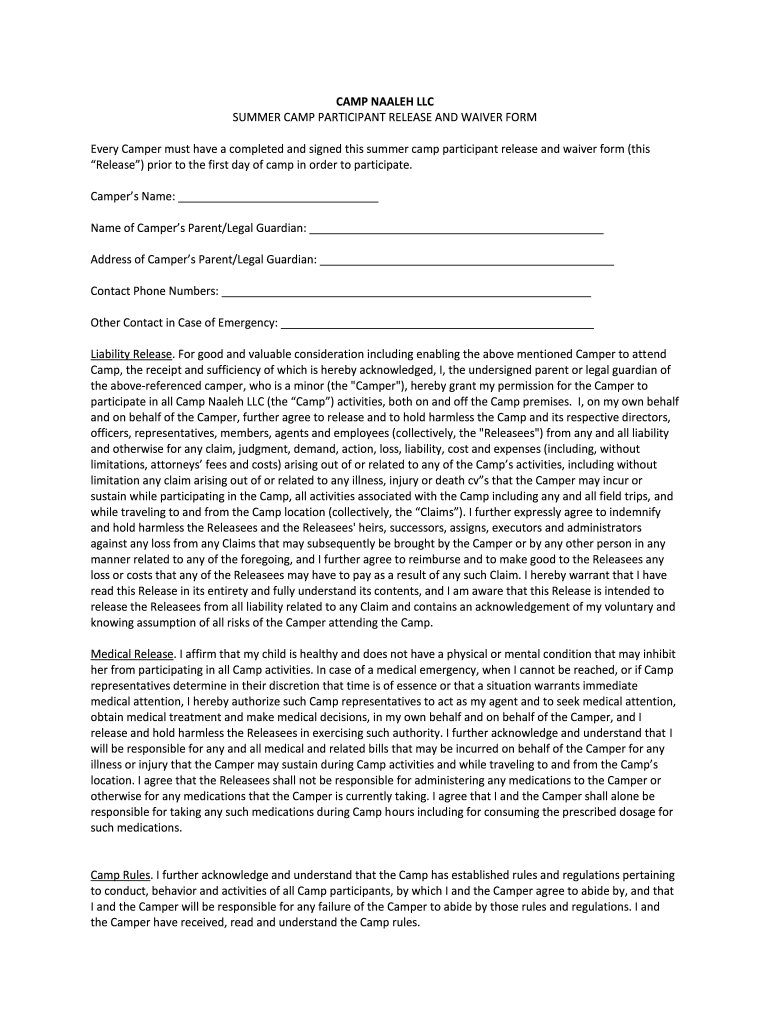 Fillable Online Summer Camp Parental Waiver and Consent Form ...
