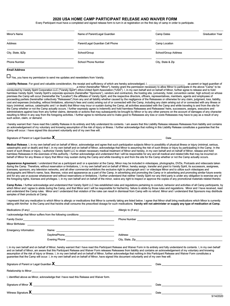 Fillable Online 2020 USA HOME CAMP PARTICIPANT RELEASE AND WAIVER FORM ...