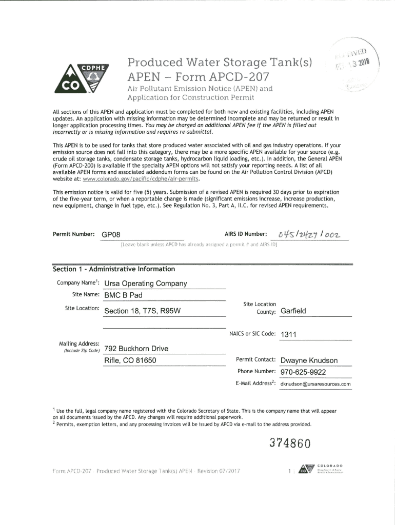 Fillable Online Produced Water Storage Tank(s) APEN - Form APCD-207 ...