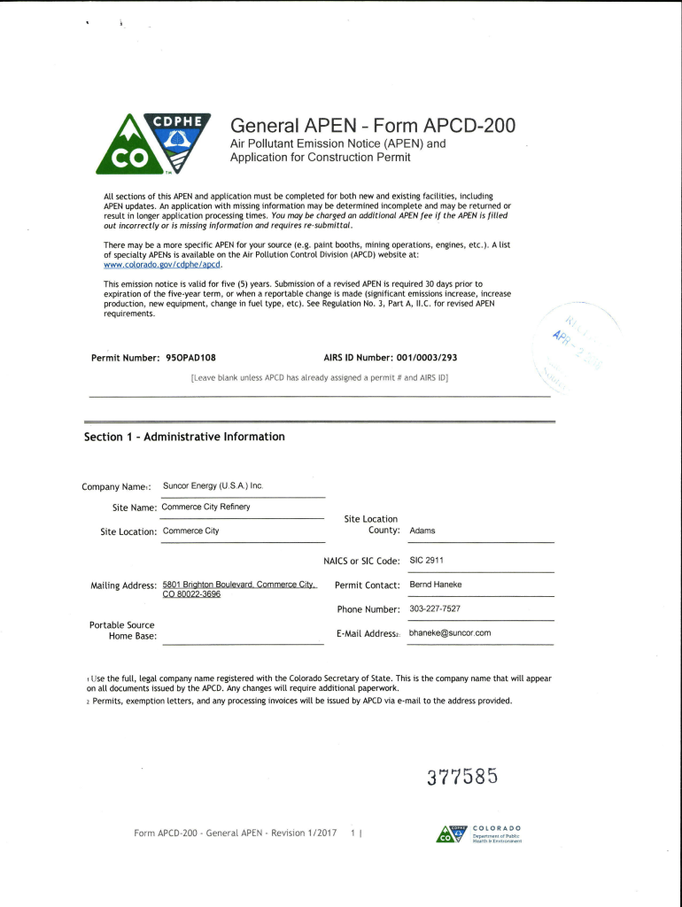 Fillable Online y General APEN - Form APeD-200 - Colorado.gov Fax Email ...