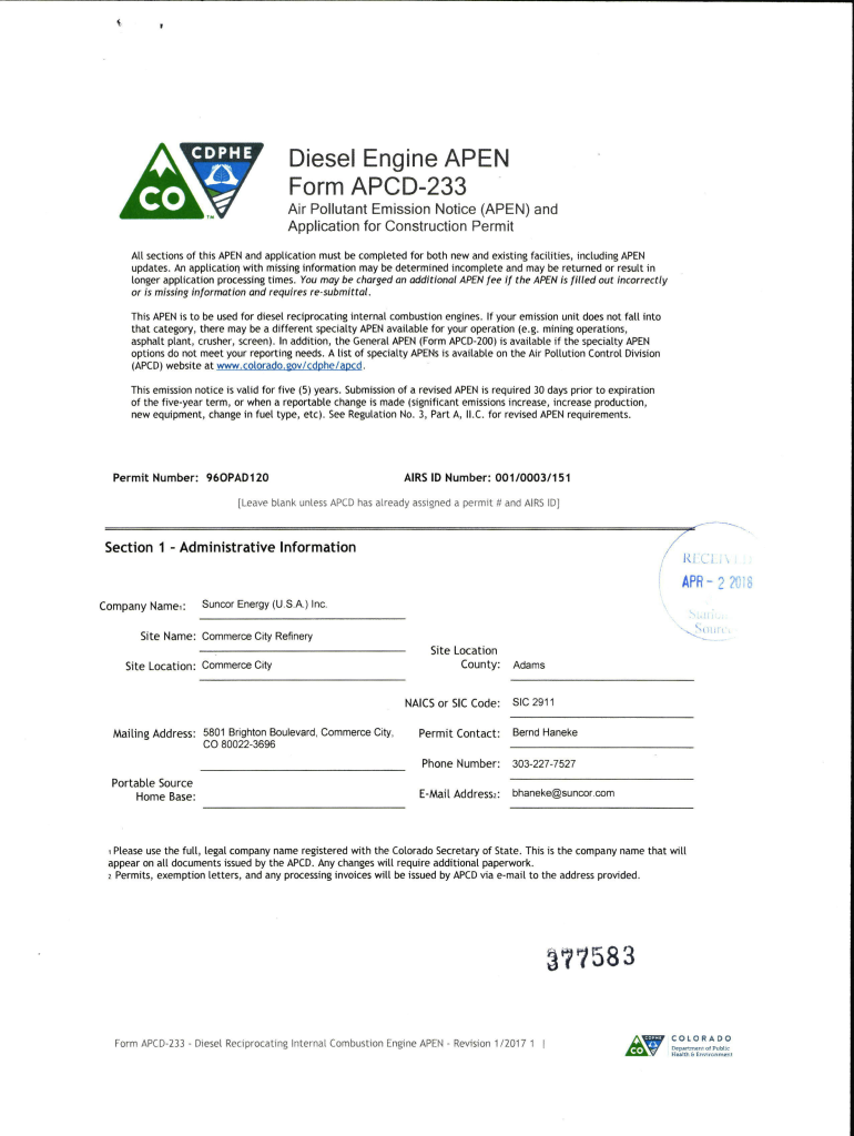 Fillable Online AY Diesel Engine APEN Form APCD-233 - Colorado.gov Fax ...