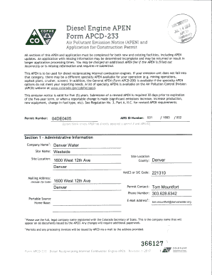 Fillable Online Diesel Engine APEN Form APCD-233 - Colorado.gov Fax ...