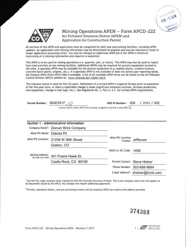 Fillable Online Mining Operations APEN - Form APCD-222 - Colorado.gov ...