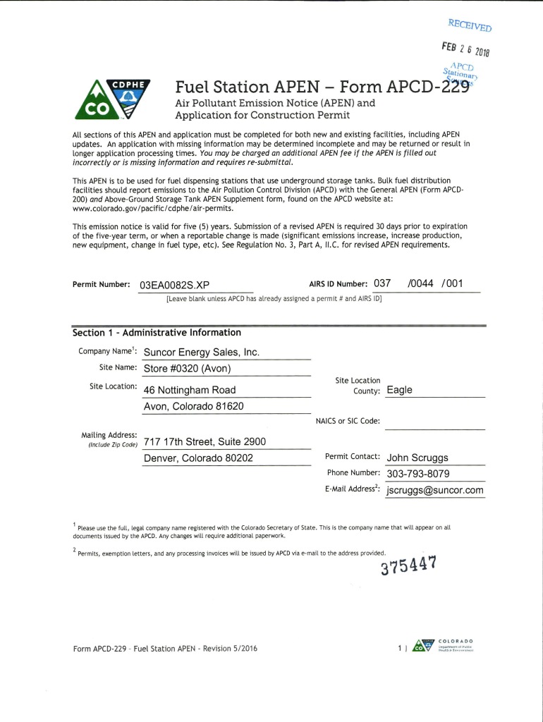 Fillable Online Fuel Station APEN - Form APCD-229 - Colorado.gov Fax ...