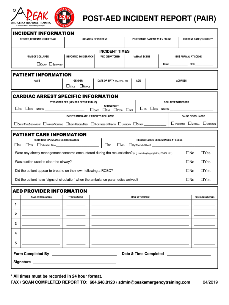 Fillable Online POST-AED INCIDENT REPORT (PAIR) - PEAK Emergency ...