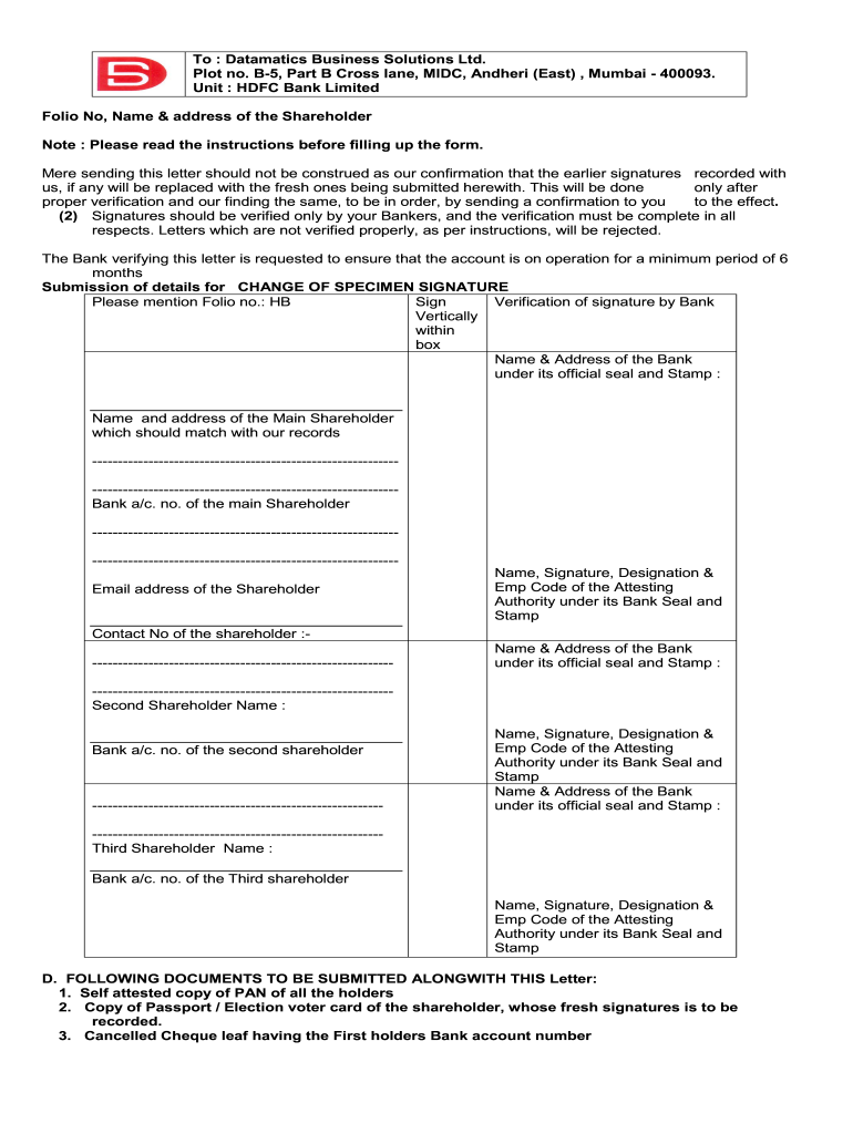 Signature Change Form Hdfc Bank - Fill Online, Printable, Fillable ...