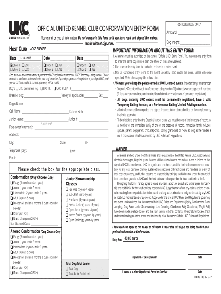 Fillable Online Dog must not be entered without a permanent UKC ...