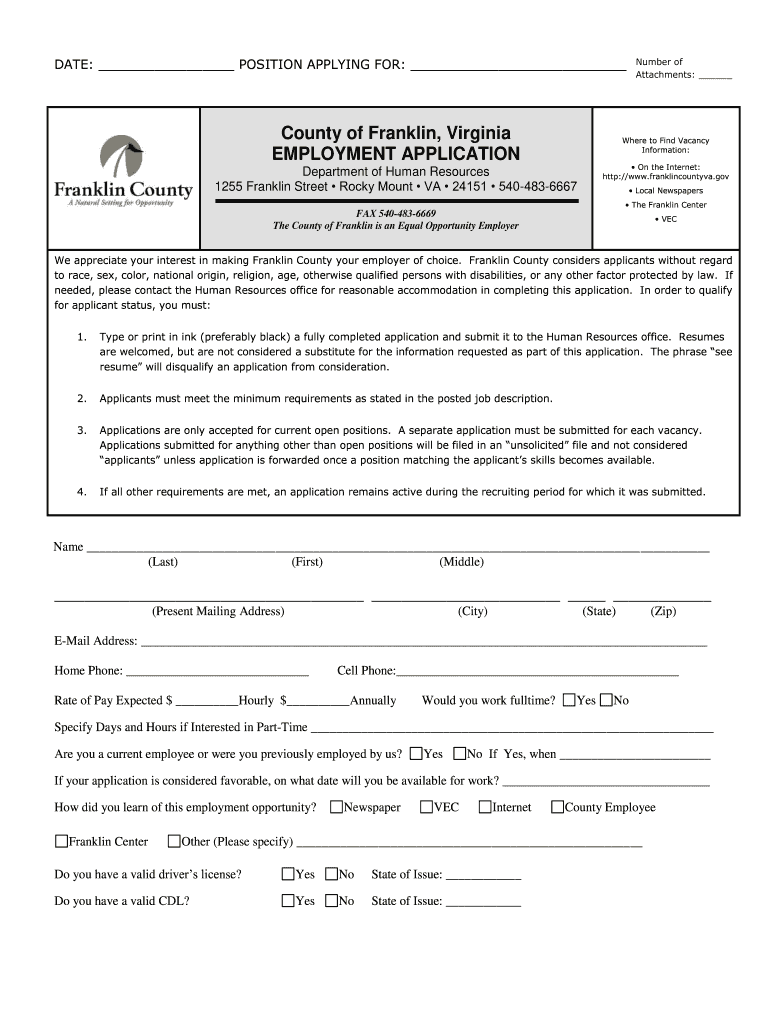 Fillable Online County of Franklin, Virginia EMPLOYMENT APPLICATION Fax ...