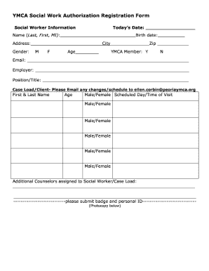 Fillable Online YMCA Social Work Authorization Registration Form Fax ...